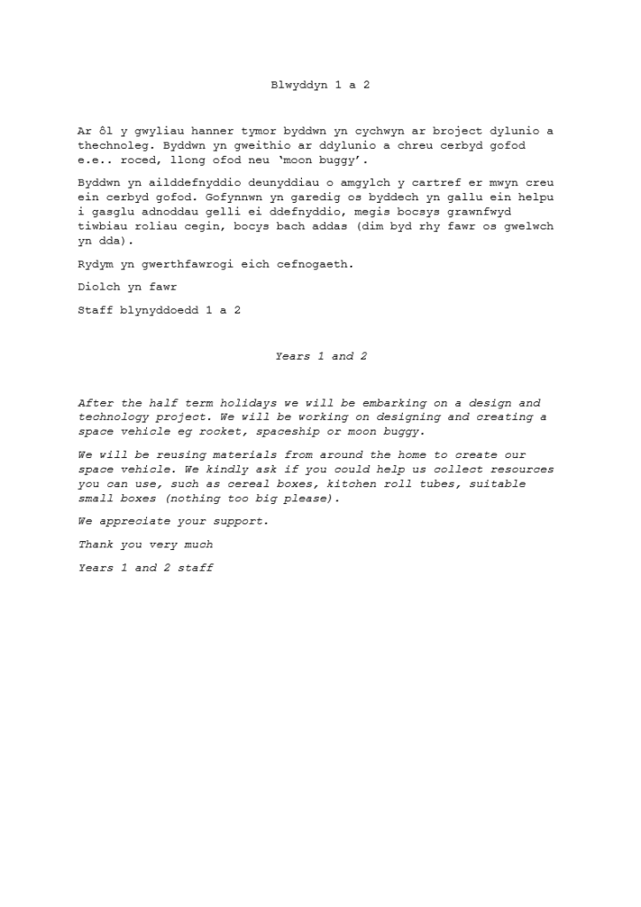 Blwyddyn 1 a 2 / Year 1 and 2 - Ysgol Plas Coch